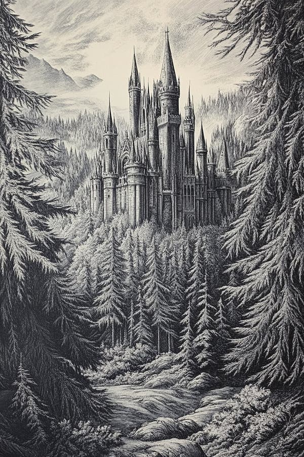An Engraving of a Medieval Castle Surrounded by Dense Forests Created ...
