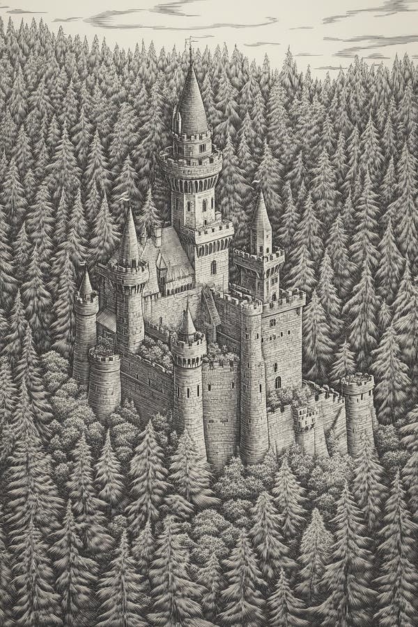 An Engraving of a Medieval Castle Surrounded by Dense Forests Created ...