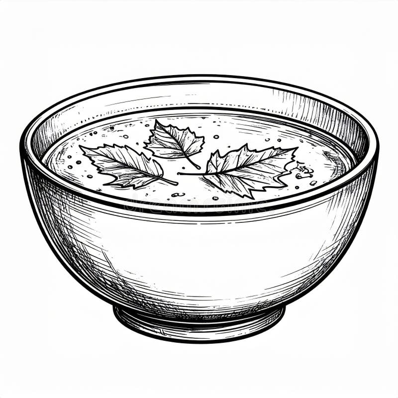 Engraving Style Drawing of Soup in Bowl with Leaves Stock Illustration ...