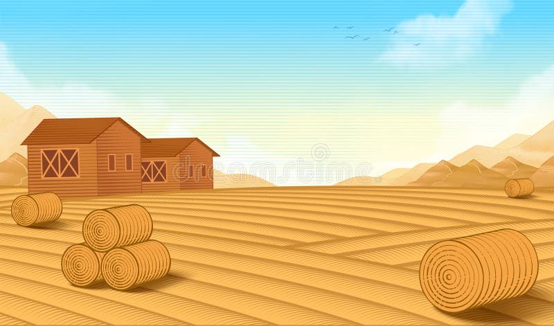 Engraving Style Farm Scenery Stock Vector - Illustration of barn ...