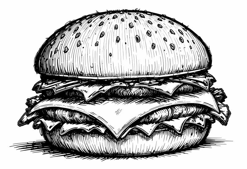 Engraving Style Illustration of a Juicy Double Cheeseburger Stock ...