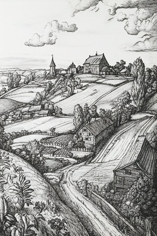 Engraving of a Traditional Rural Landscape with Cottages a Mill and ...
