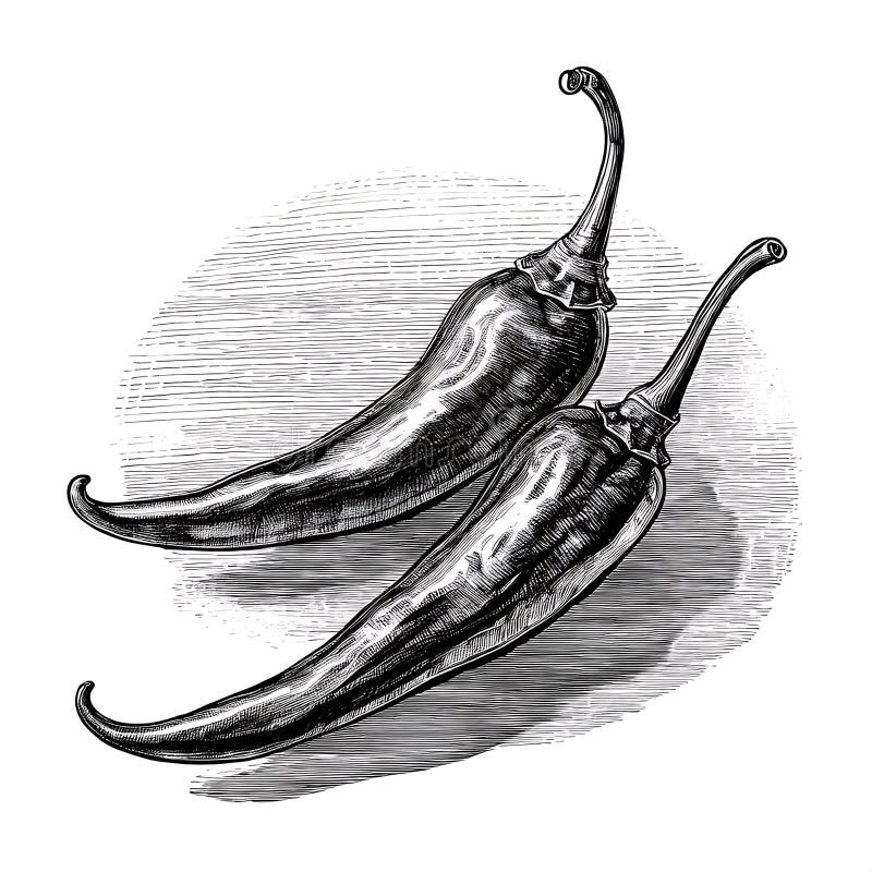 Engraving of Two Red Chili Peppers with Detailed Stems and Linework on ...