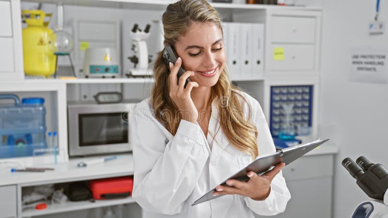 Engrossed in Science, Young, Blonde Scientist Woman Reading a Critical ...