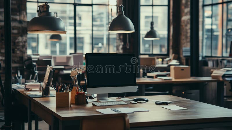 Enhance Productivity with a Modern Desk Setup, Computer, Lamp, and ...