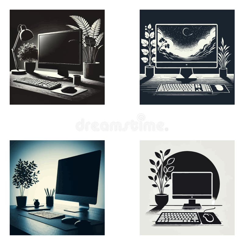 Office Desktop Computers Silhouette Illustration Set for Professional ...