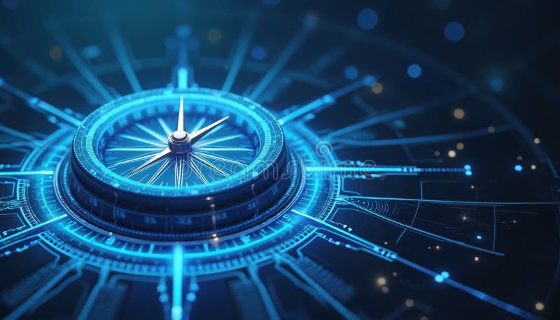 Enhanced Compass Illustration Against Blue Backdrop. Clock Shows Time ...