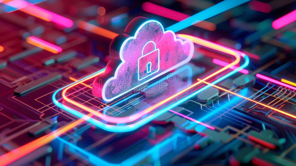 Enhanced Cyber Security Lock Symbol Embedded in Cloud on Neon Grid for ...