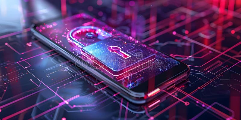 Enhanced Cybersecurity Visualized with Holographic Padlock Protecting Smartphone Data. Concept ...