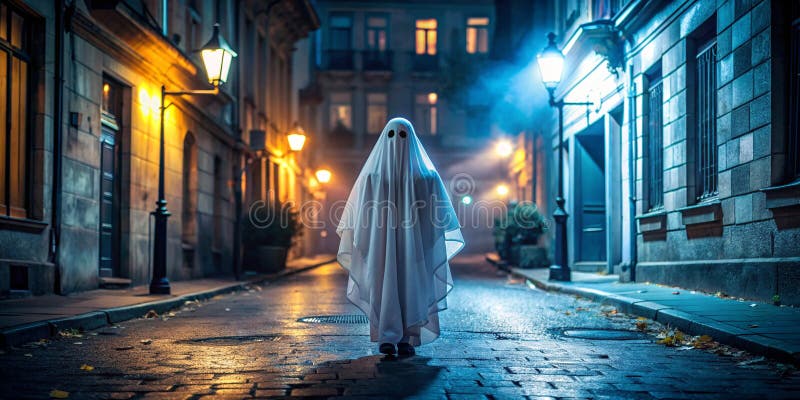 Enhanced Haunting Scene Ghostly Figure Wanders the Streets on Halloween ...