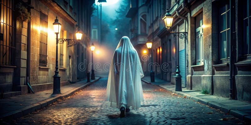Enhanced Haunting Scene Ghostly Figure Wanders the Streets on Halloween ...