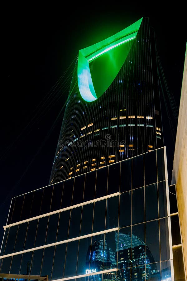 A Night Photo of the Illuminated Kingdom Tower in Downtown Riyadh ...