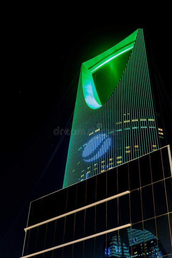 A Night Photo of the Illuminated Kingdom Tower in Downtown Riyadh ...