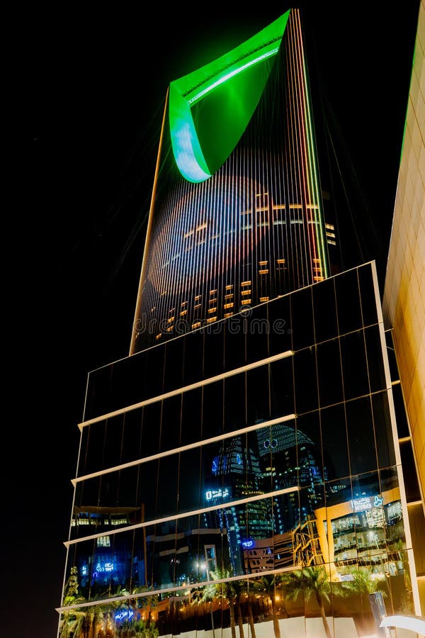 A Night Photo of the Illuminated Kingdom Tower in Downtown Riyadh ...