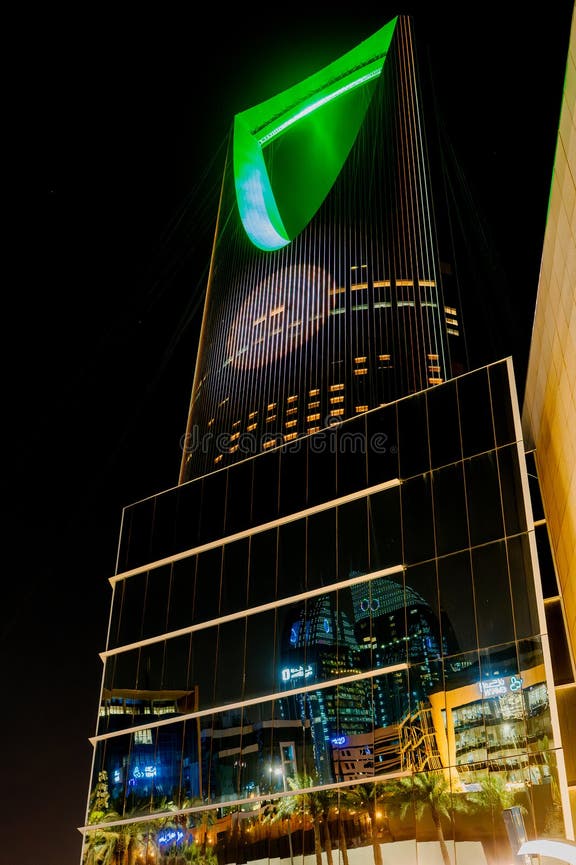 A Night Photo of the Illuminated Kingdom Tower in Downtown Riyadh ...
