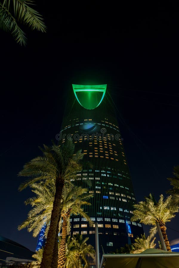 A Night Photo of the Illuminated Kingdom Tower in Riyadh, Saudi Arabia ...