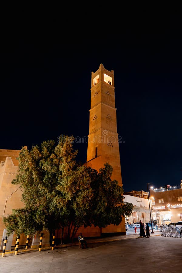 Night Photo of a Mosque Tower in the Samhania District of Diriyah ...