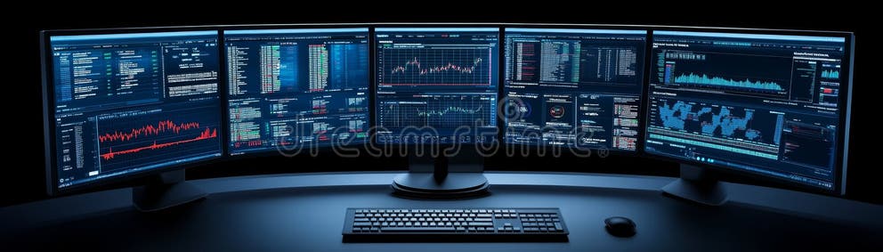 Enhanced Productivity Closeup View of Multiscreen Computer Monitor ...