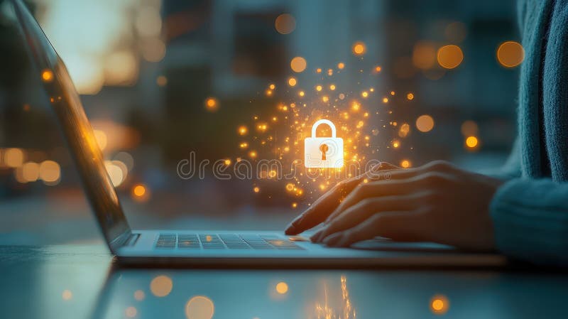 Enhanced Security Measures, Person Working on Laptop with Prominent ...