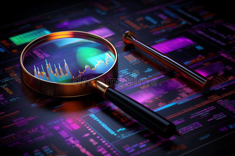 Enhancing Seo through Data Analysis. Magnifier, Charts, Graphs on Neon ...