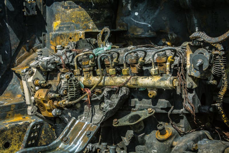 Engine of a burned car stock photo. Image of charred - 117979208