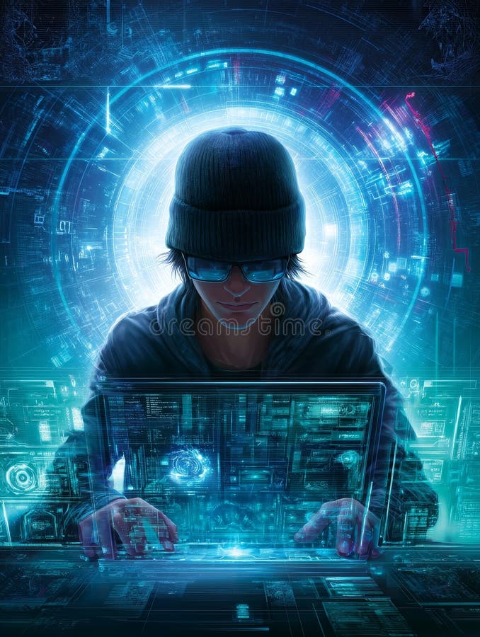 Enigma Hacker at Work a Young Hacker Intensely Focused on Their Laptop ...