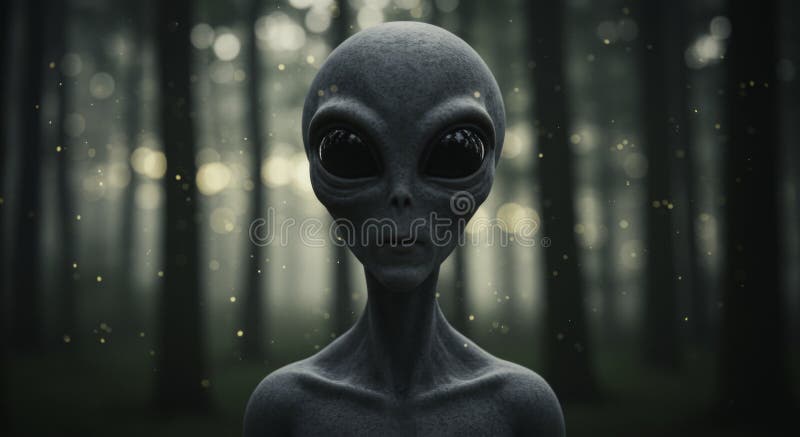 Mysterious AI Generative Grey Alien in Dark Forest Stock Image - Image ...