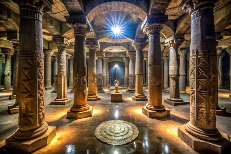 Enigmatic Ancient Hall Featuring Towering Columns and Soft Lighting in ...