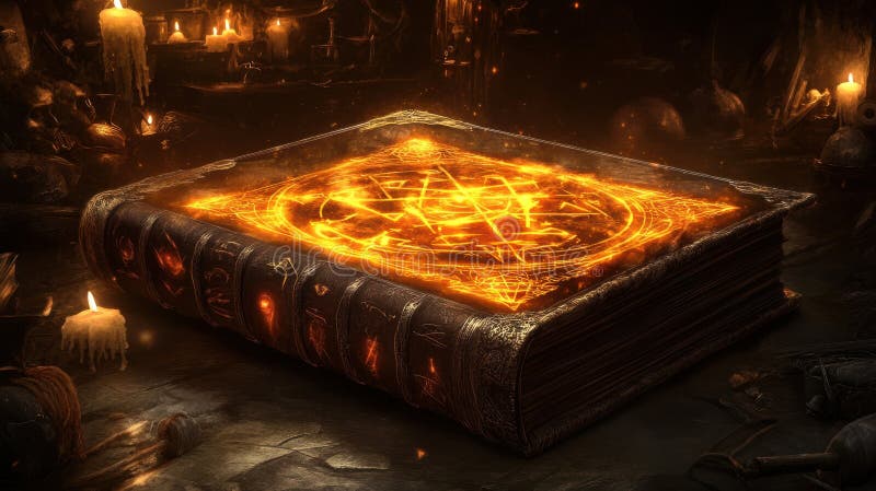Enigmatic Ancient Tome with Magical Symbols and Candles Stock Photo ...