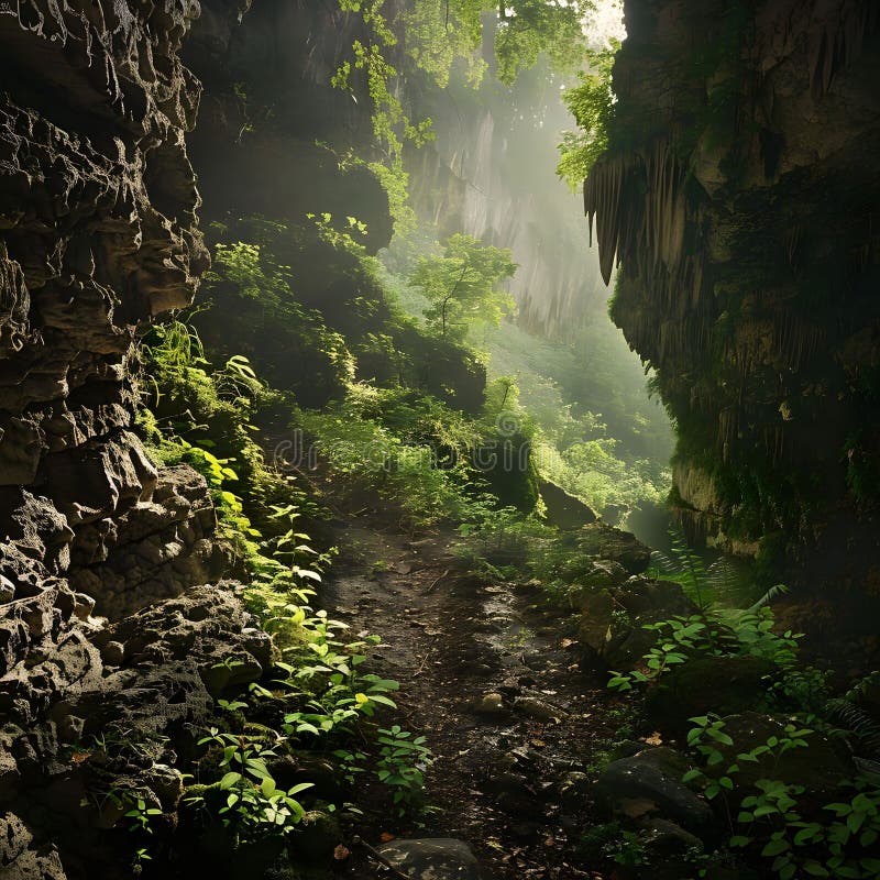 Enigmatic Cave Pathway: a Journey into Verdant Depths Stock ...