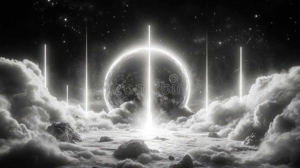 Enigmatic Celestial Scene with Glowing Planet and Vertical Light ...