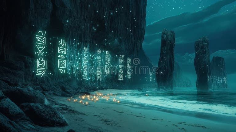 Enigmatic Coastal Cliffs with Glowing Ancient Script Stock Photo ...