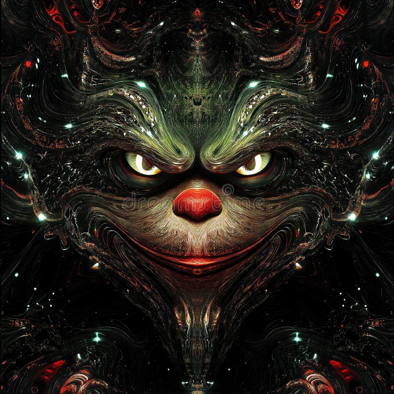 Enigmatic Creature with Green Eyes and Red Nose in Dark Abstract ...
