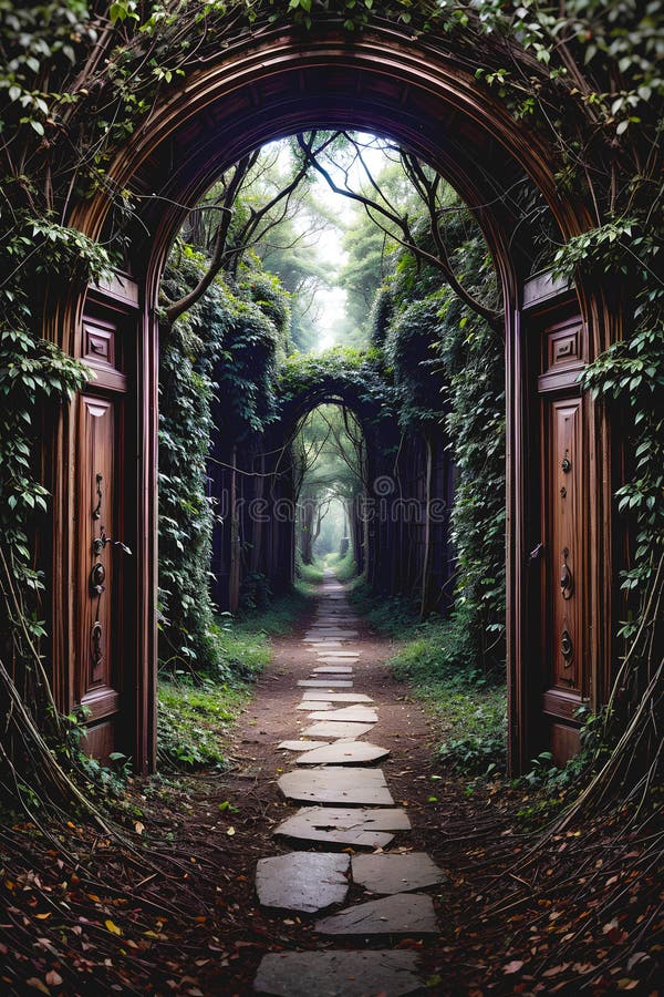 An Enigmatic Door Awaits at the End of a Path, Adorned with Overgrown ...