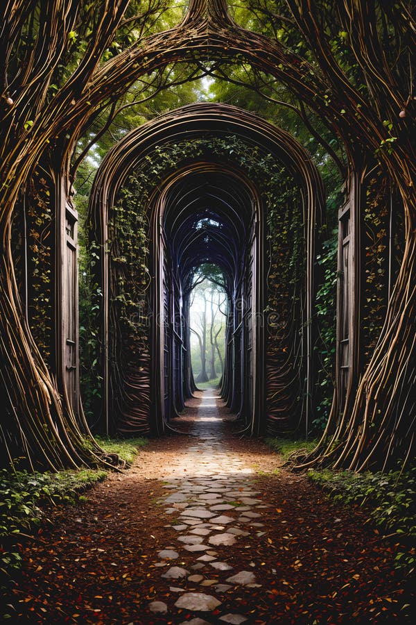 An Enigmatic Door Awaits at the End of a Path, Adorned with Overgrown ...