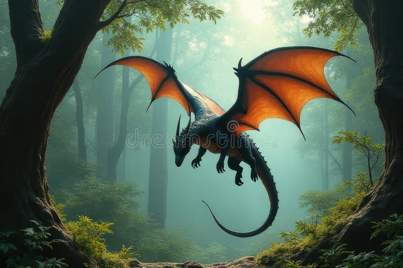 Enigmatic Dragon Shifter Scene in a Mystical Forest Stock Illustration ...