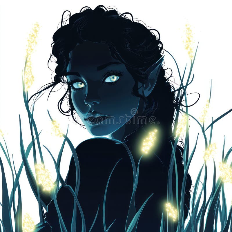 Enigmatic Elf Woman in Glowing Grass Illustration Stock Illustration ...