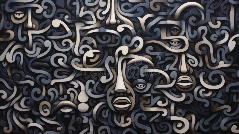 Enigmatic Faces - Abstract Art Wall Relief Stock Illustration ...