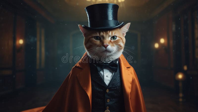 Enigmatic Feline Illusionist: Sleek Cat in Top Hat and Cape Performs ...