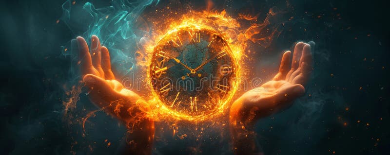 Enigmatic Fiery Clock Held by Hands in a Mystical Atmosphere with Smoke ...