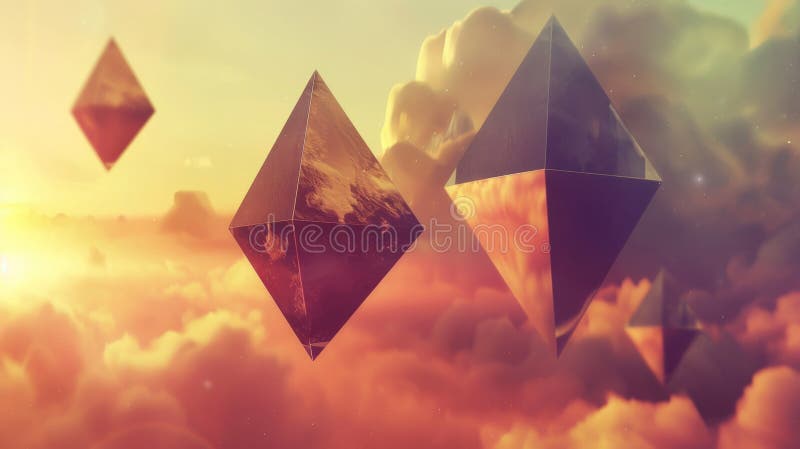 Enigmatic Floating Polyhedra Above Cloudscape at Sunset Stock Photo ...