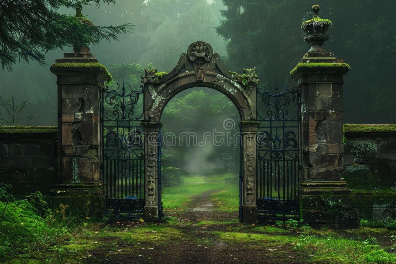 Enigmatic Forest Gateway in Mist Stock Photo - Image of scenery ...