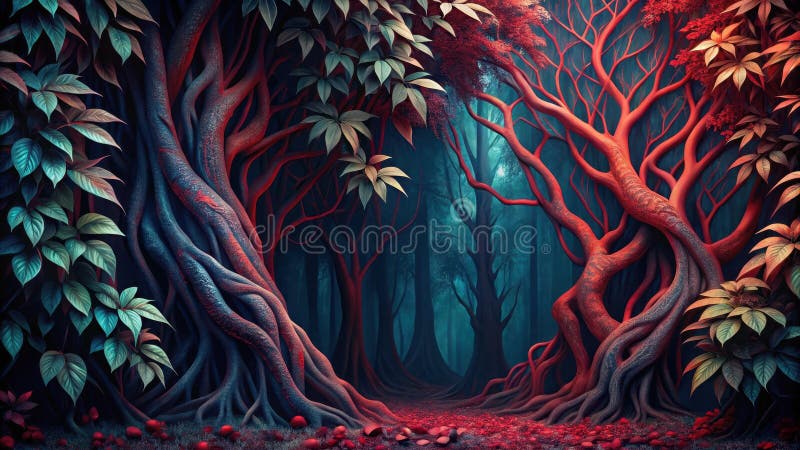 Enigmatic Forest Path Twisted Trees and Vibrant Foliage in a Mystical Woodland Setting ...