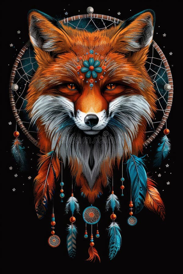 Enigmatic Fox Amidst Dream Catchers and Feathers in Celestial Night ...