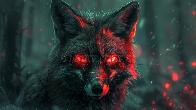 Enigmatic Fox with Glowing Red Eyes in Mystical Forest at Night Stock ...