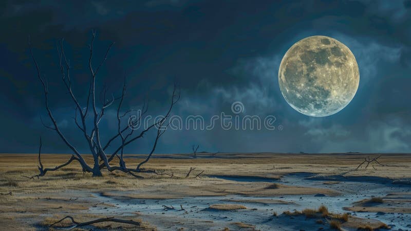 Enigmatic Full Moon Illuminating a Barren Landscape at Night Stock ...