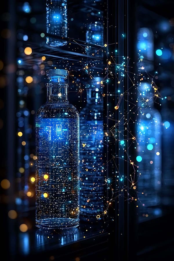 Enigmatic Glass Bottle, Glowing with Digital Data Streams, Sits on a ...