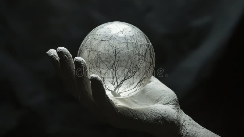 Enigmatic Glass Sphere on Painted Hand with Tree Reflection Stock ...