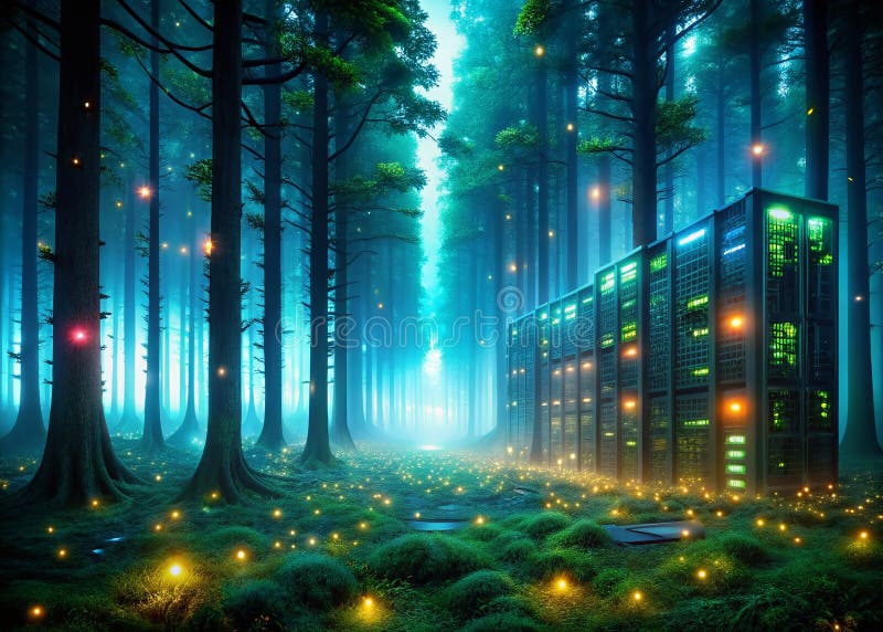 Enigmatic Glow Futuristic Servers Illuminate a Dark Forest at Night a ...