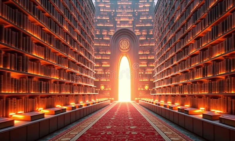 Enigmatic Glowing Bookshelves Leading To Light, Infinite Knowledge ...